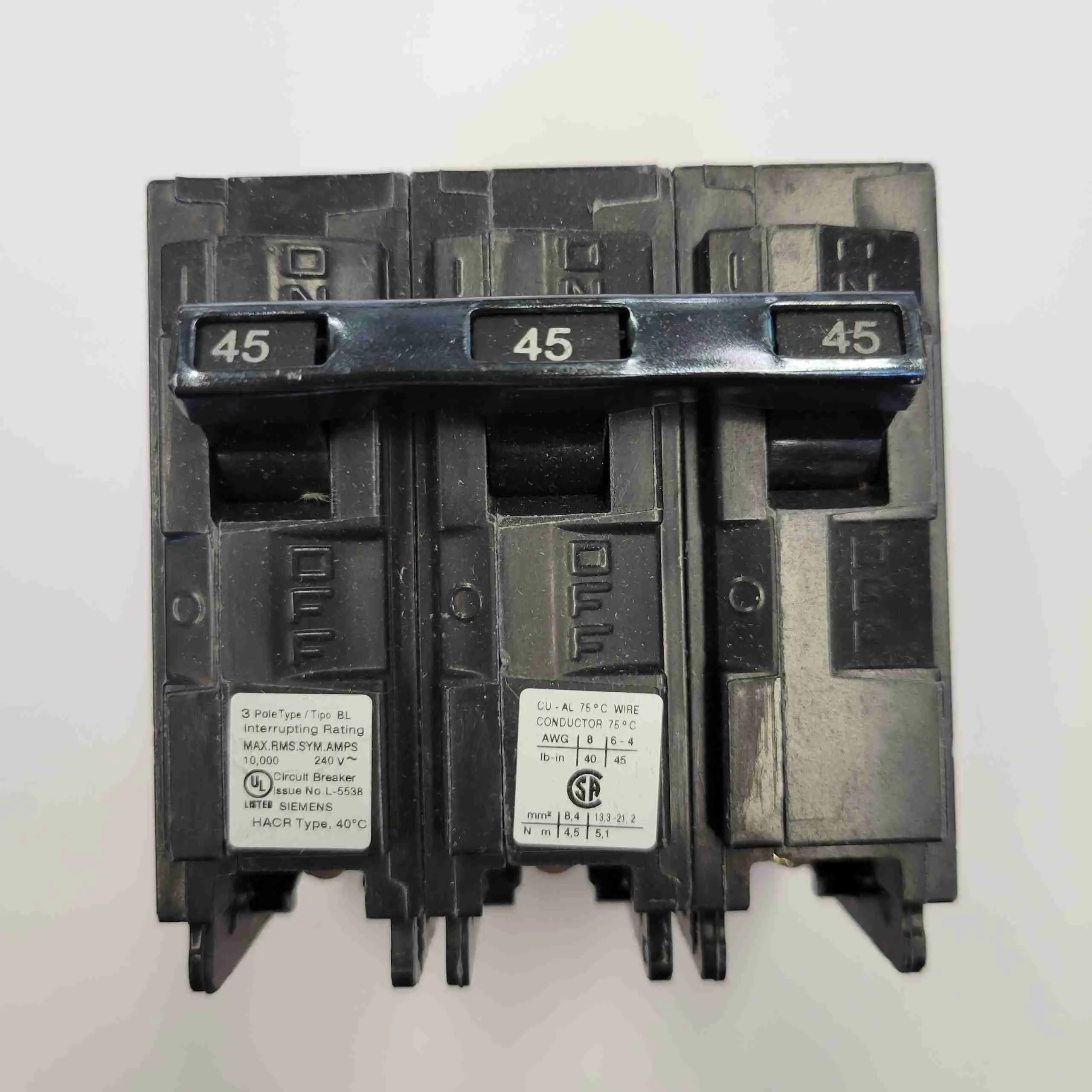 B345– SIEMENS (BL) 3P 45A 240V BOLT ON 10kA BREAKER - Northern Breaker ...